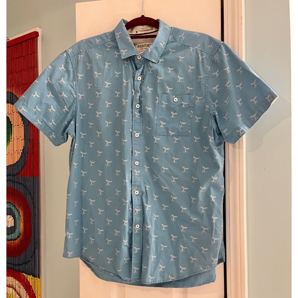 All-Over Whale Tail Print Button-Down Shirt Cotton - Gem
